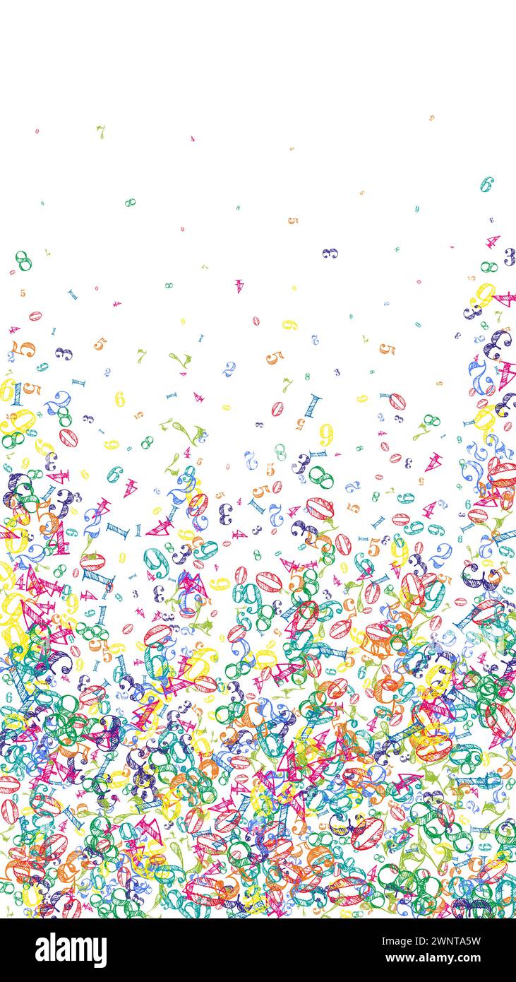 Scattered numbers. Colorful childish digits flying chaotic. Back to ...