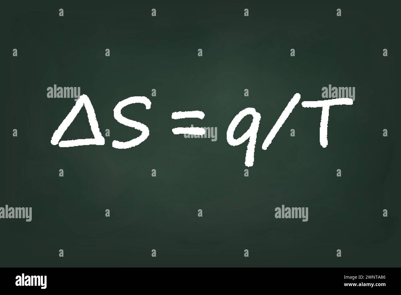 Entropy change formula "ΔS=q/T" displayed in white chalk on a dark ...