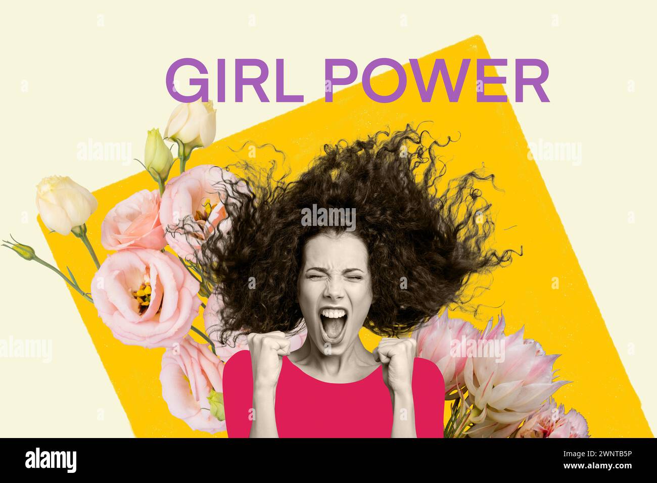 Collage picture of cheerful crazy girl shouting screaming girl power ...