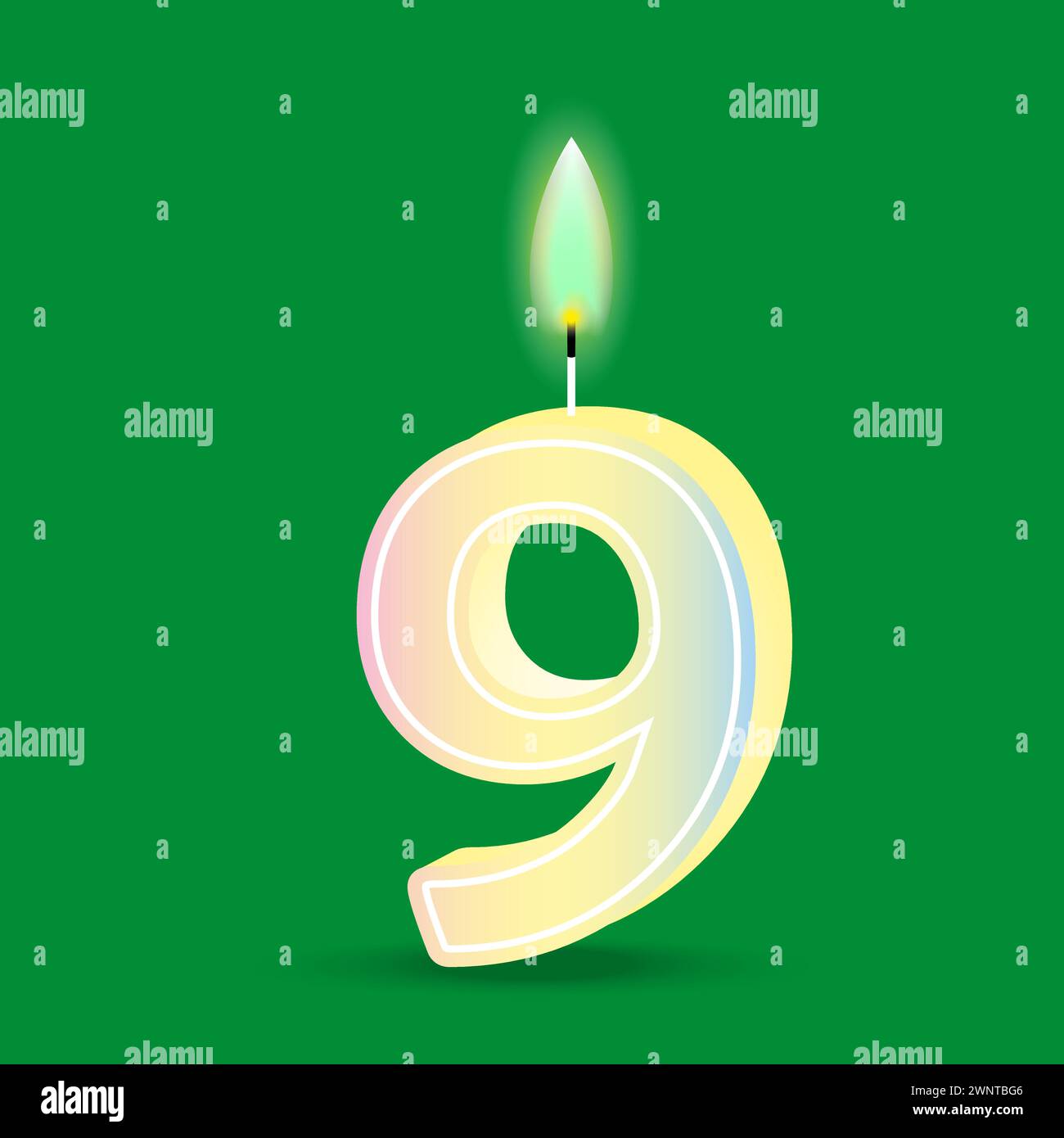 Birthday number nine, candle with fire. 3D number 9. Vector ...