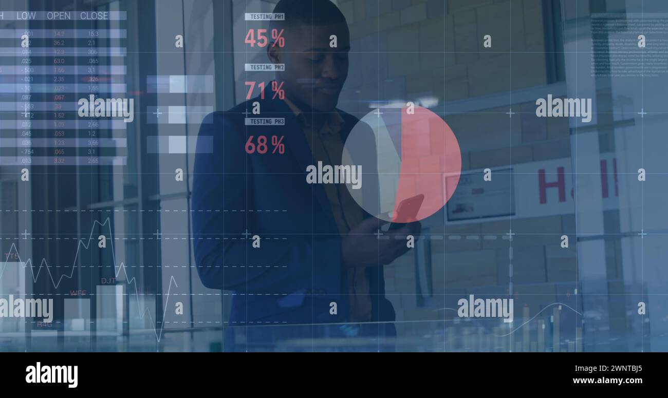 Image of financial data and graphs over african american businessman ...
