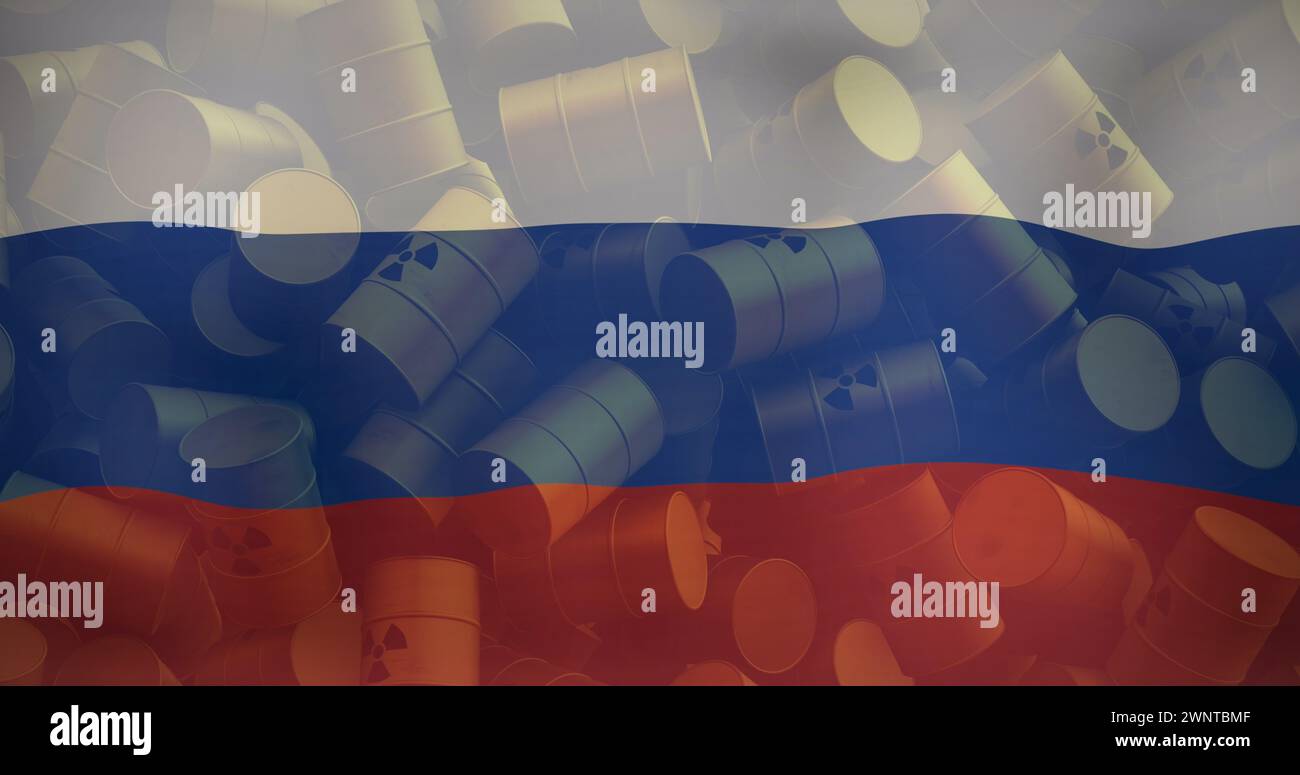 Image of flag of russia over barrels with radioactive symbol Stock ...