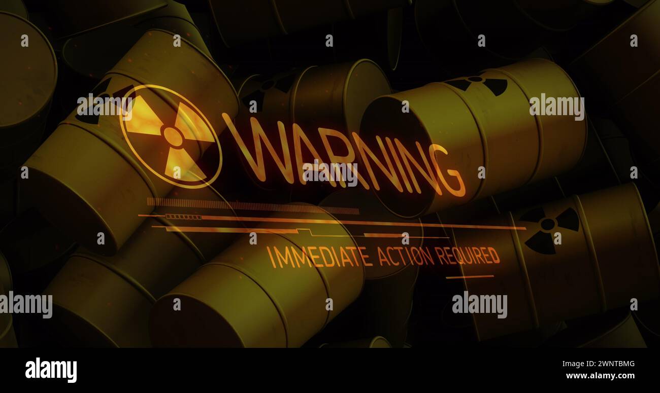 Image of warning text over barrels with radioactive symbol Stock Photo ...