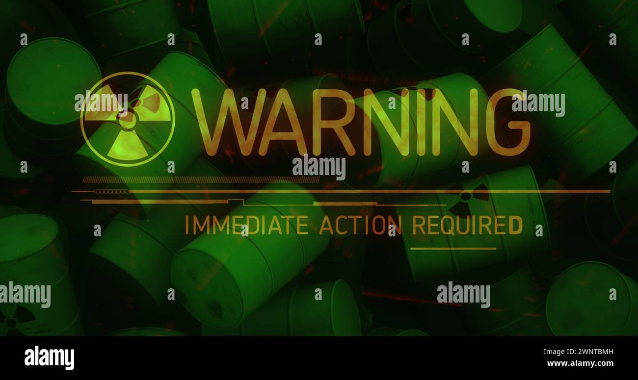 Image of nuclear symbol and warning text over nuclear barrels Stock ...