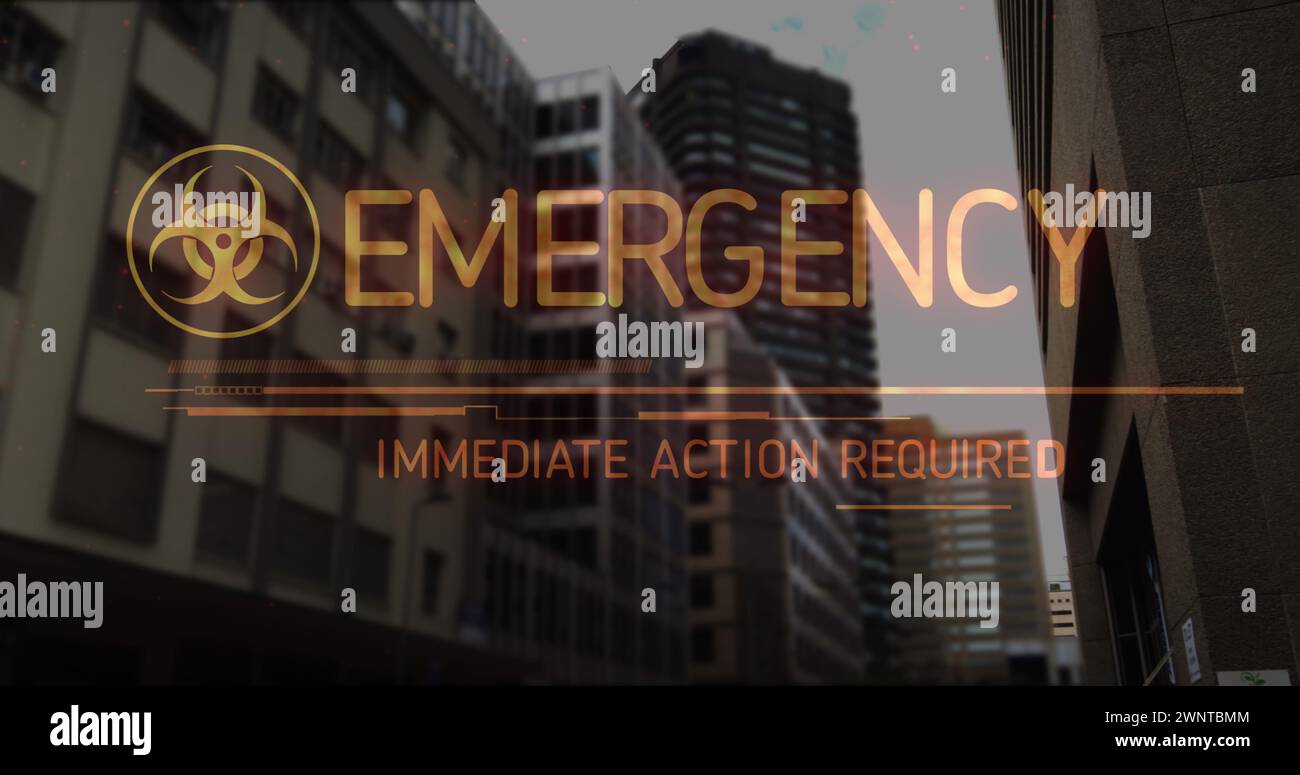 Image of biohazard symbol and emergency text over cityscape Stock Photo ...
