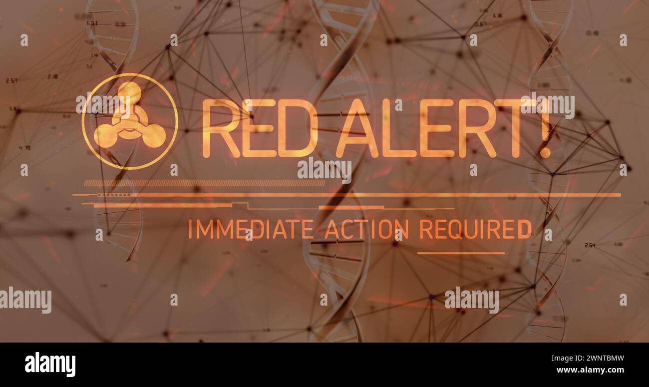 Image of red alert text over dna strands Stock Photo - Alamy