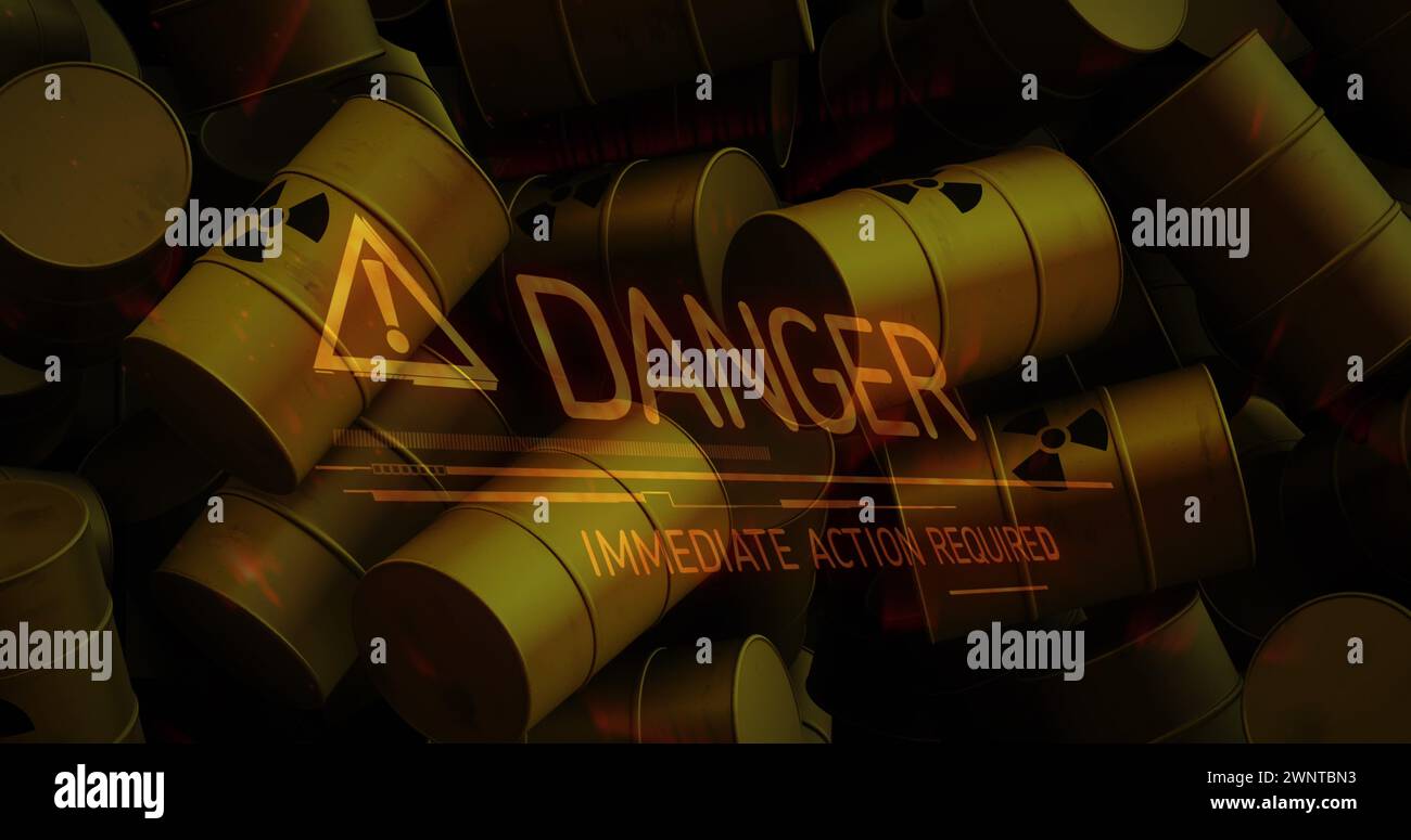 Image of danger text over barrels with radioactive symbol Stock Photo ...