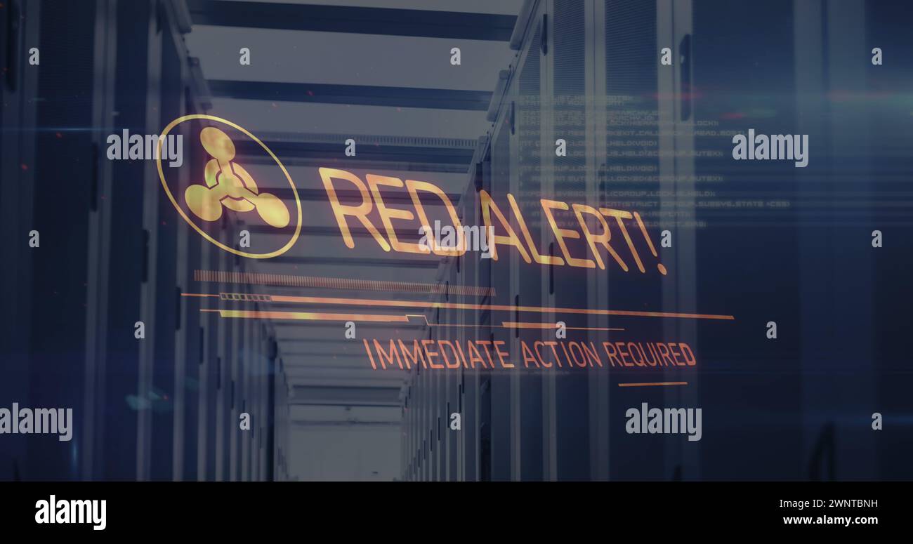 Image of red alert text over server room Stock Photo - Alamy