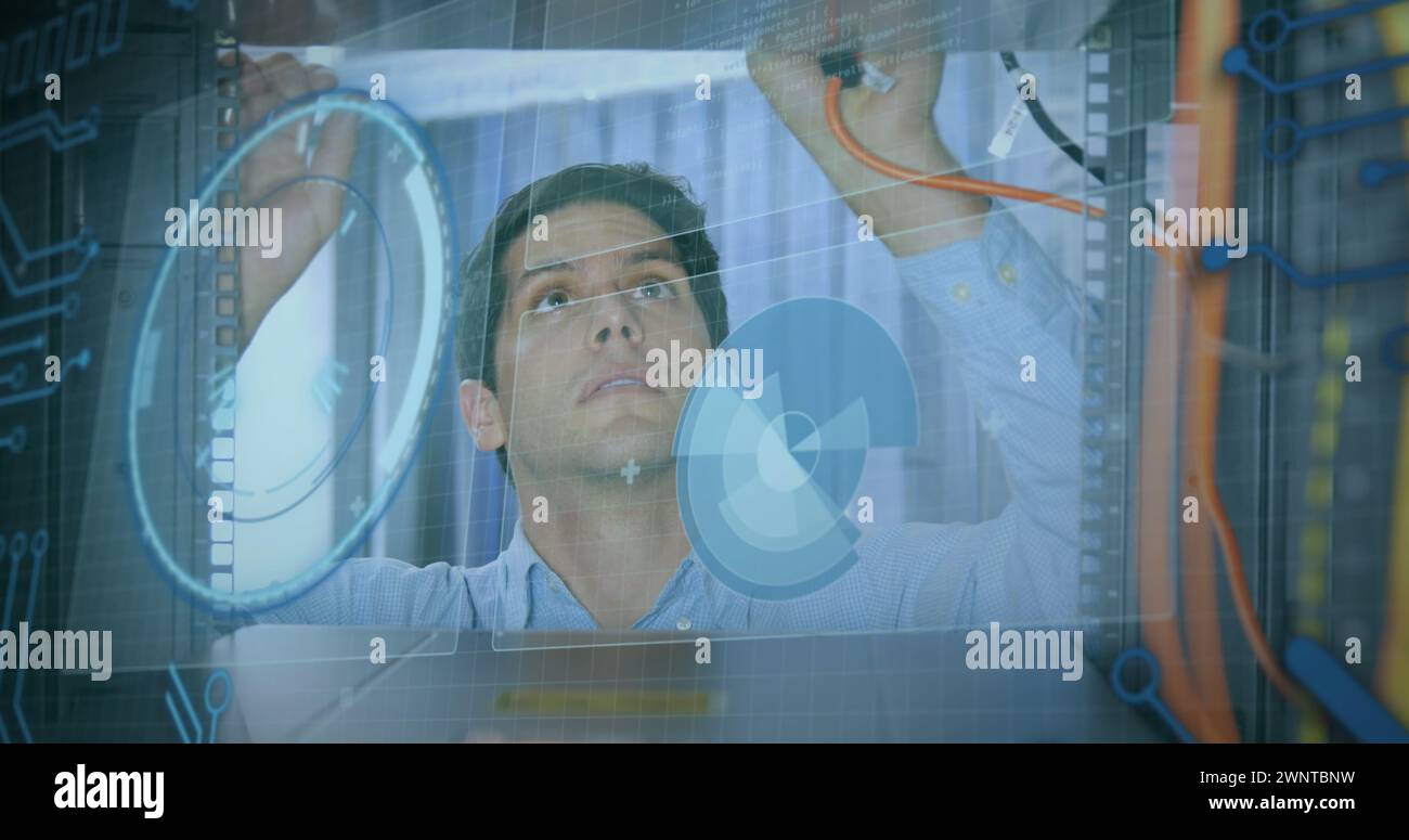 Image Of Round Scanner And Data Processing Over Caucasian Male Engineer Working At Server Room