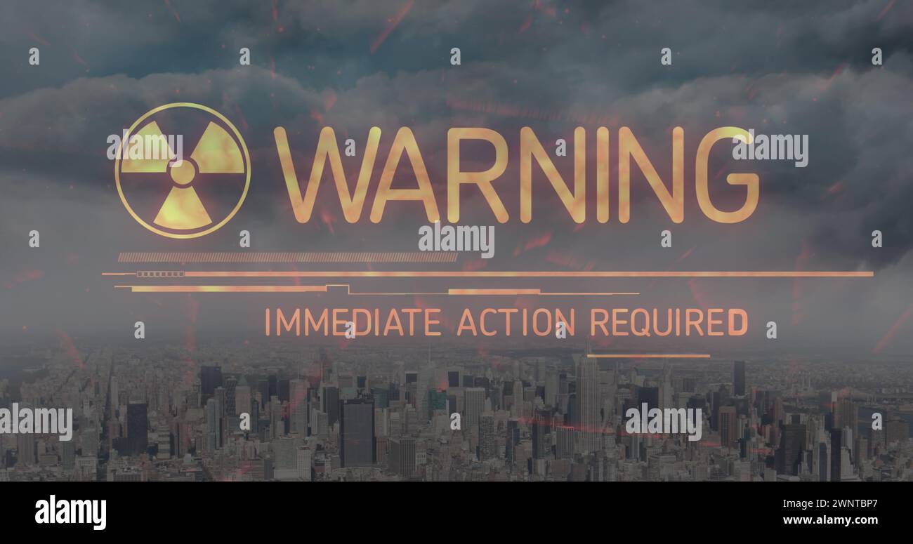 Image of nuclear symbol and warning text over cityscape Stock Photo - Alamy
