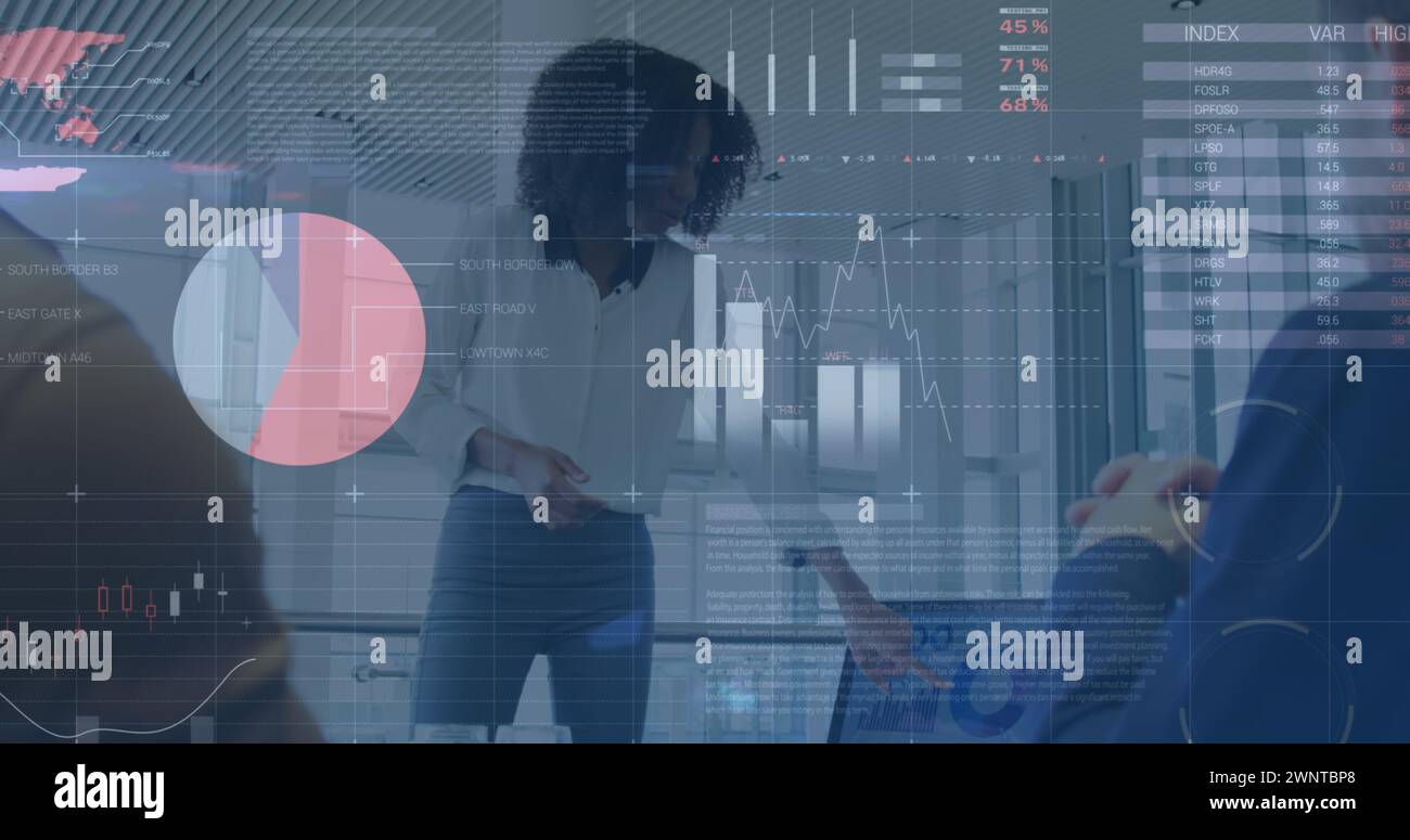 Image of financial data and graphs over african american businesswoman ...