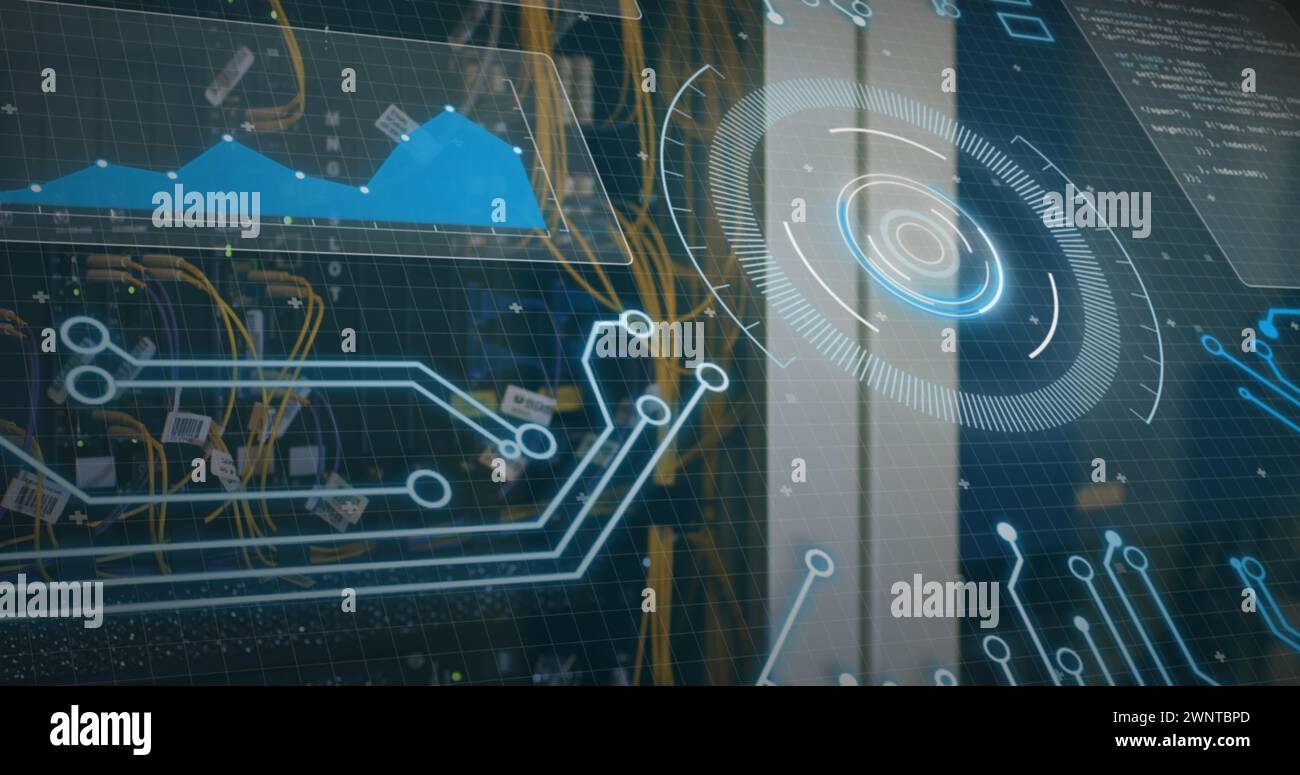 Image of round scanner and data processing over server room Stock Photo - Alamy