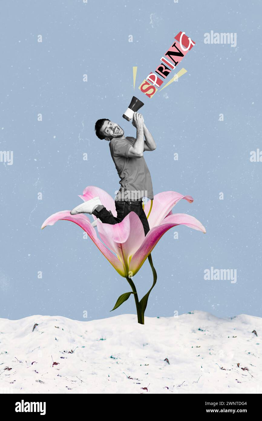Vertical collage of excited mini black white colors guy inside big lily ...
