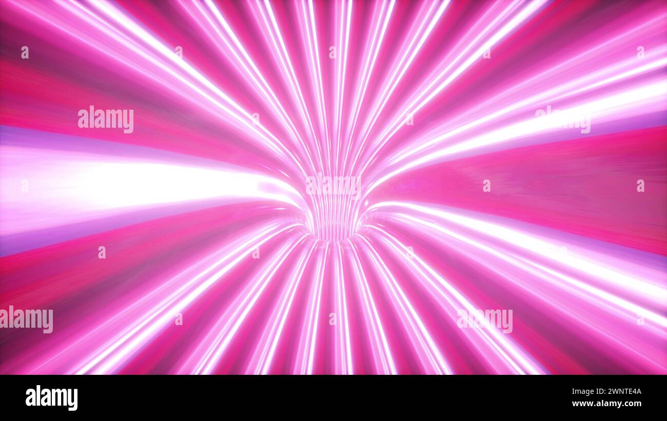Neon pink stream. Flying through the universe lightspeed tunnel. 3d ...