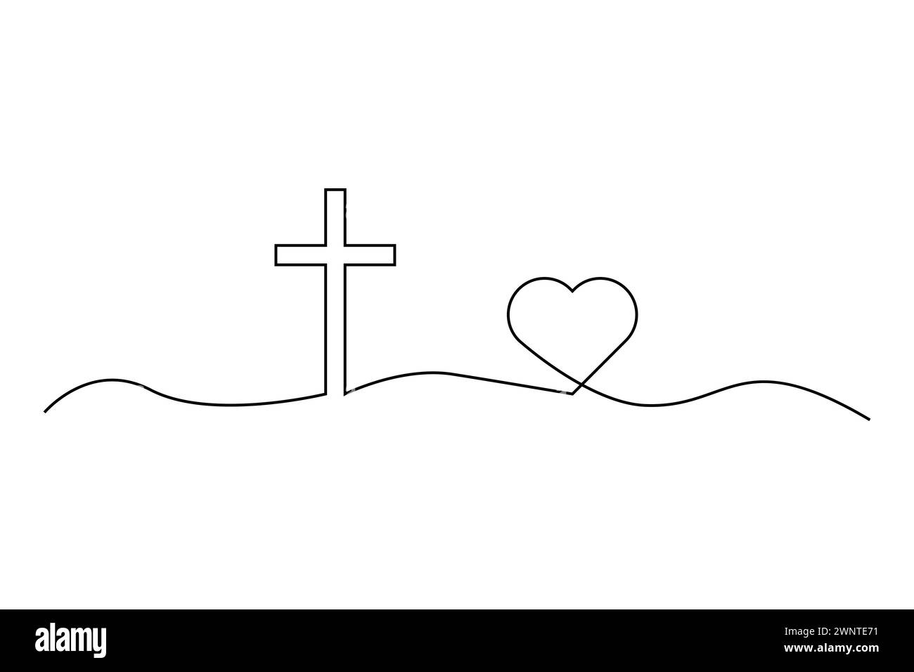 One Continuous line drawing cross of christ and heart. Vector ...