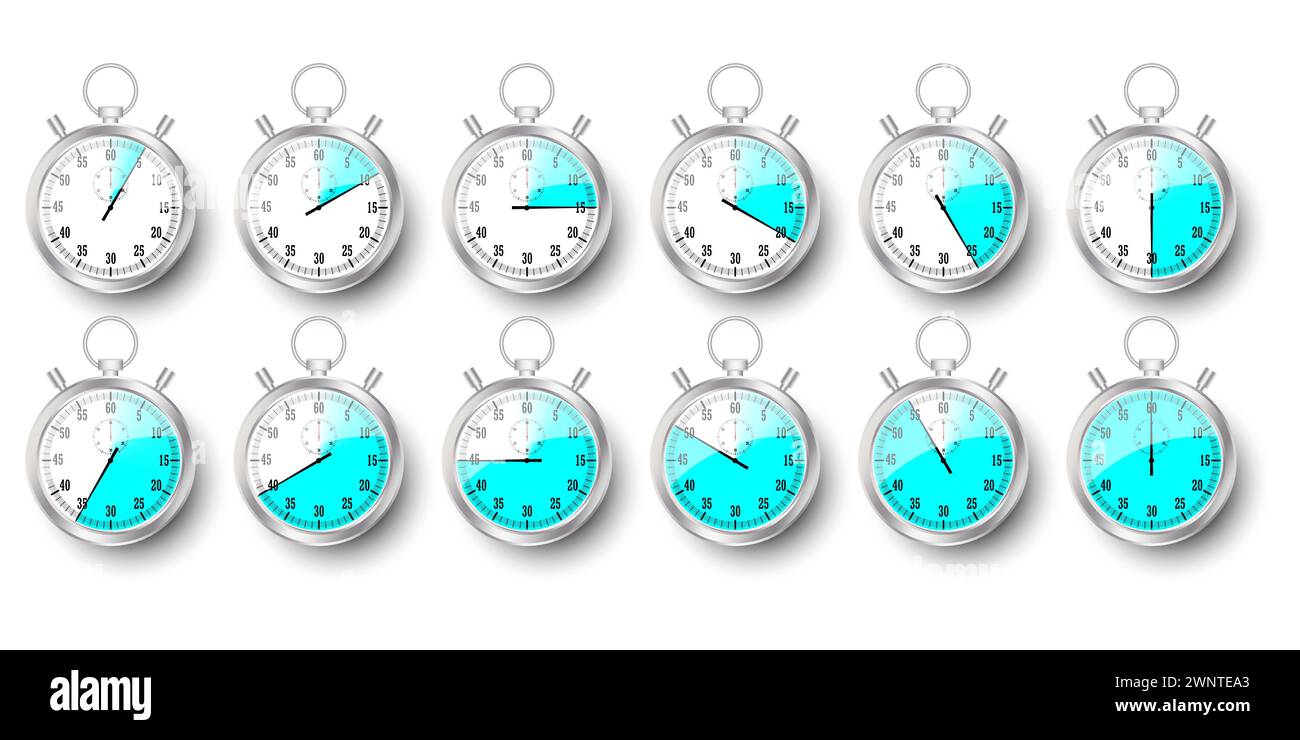 Realistic classic stopwatch. Time counter with dial. Shiny metal chronometer. Countdown timer ...