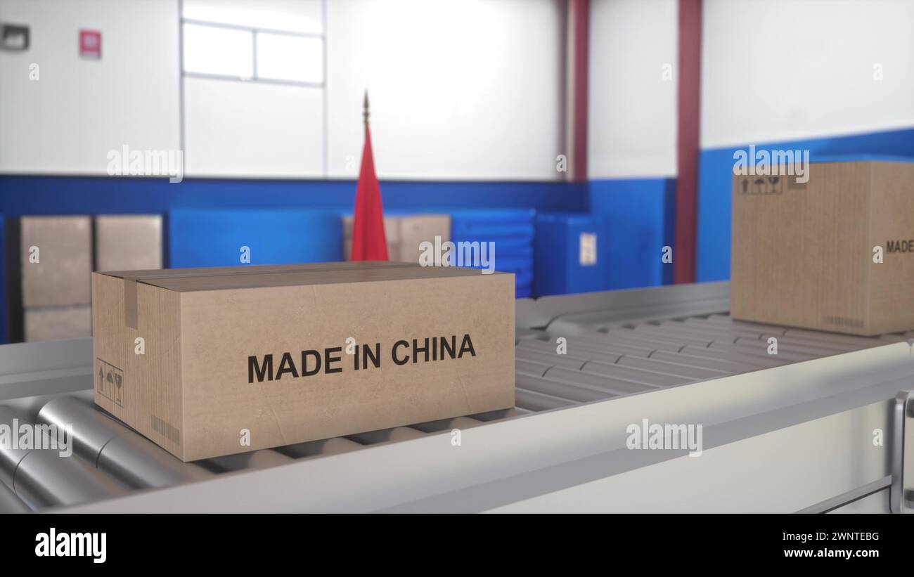 Made in China import and export concept. Cardboard boxes with product ...