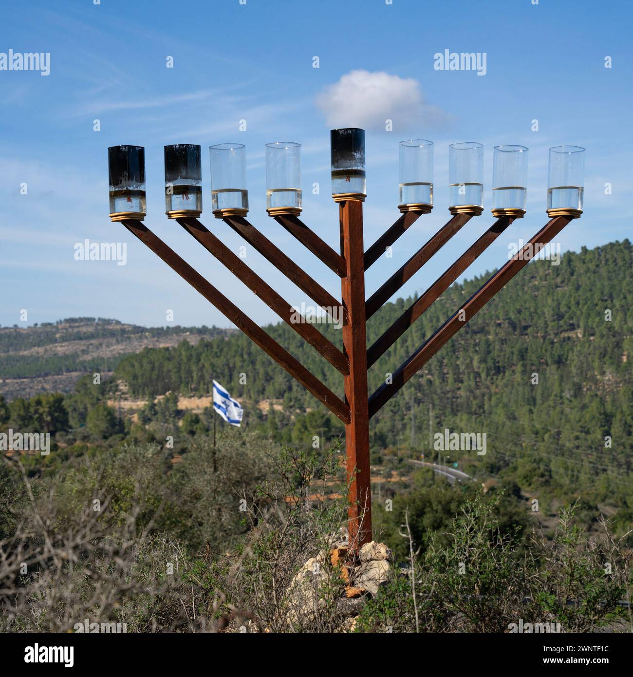 A Chanukah oil lamp and an Israeli flag, in a forest in the Judea ...