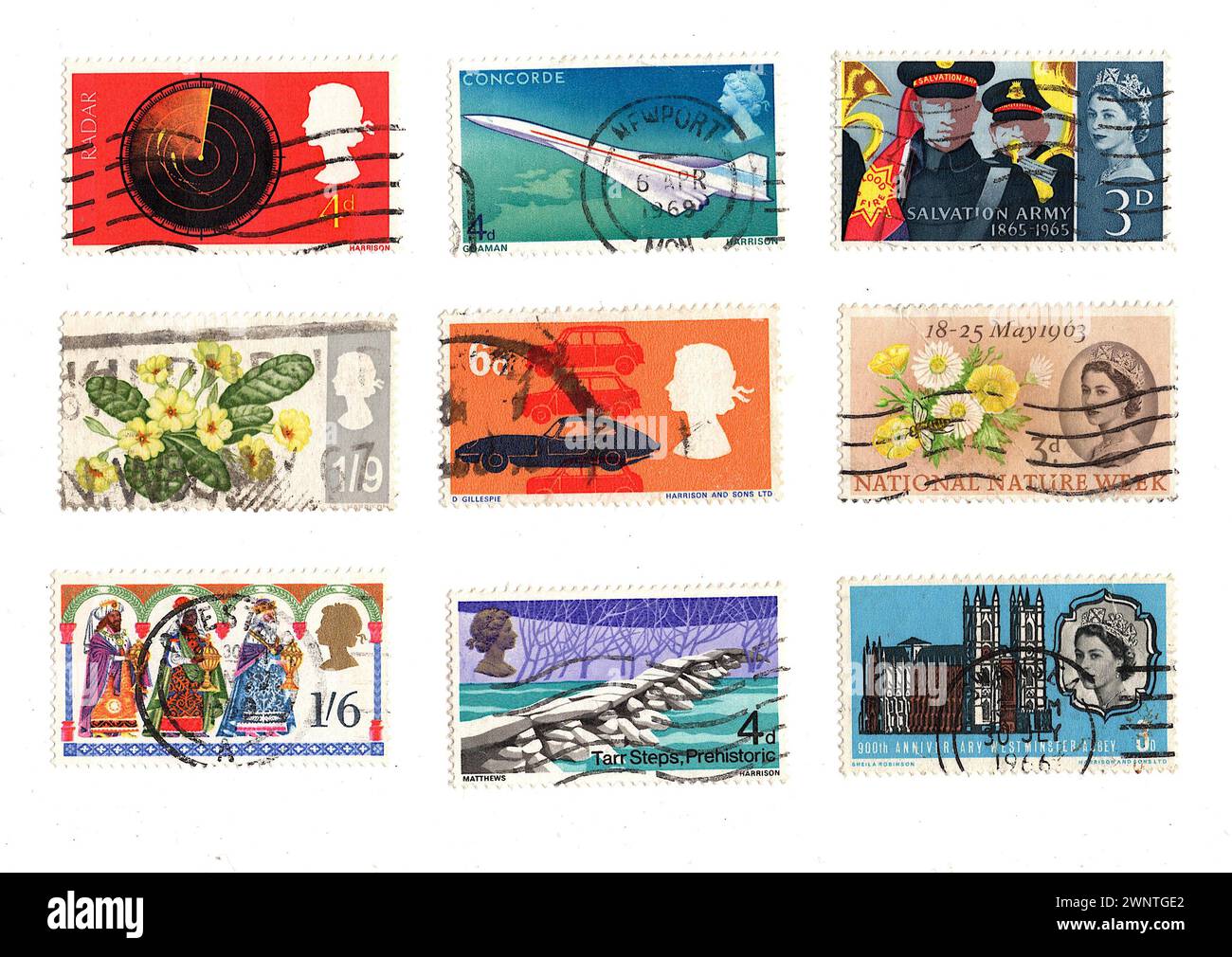 A montage of pre decimal vintage postage stamps from Great Britain ...