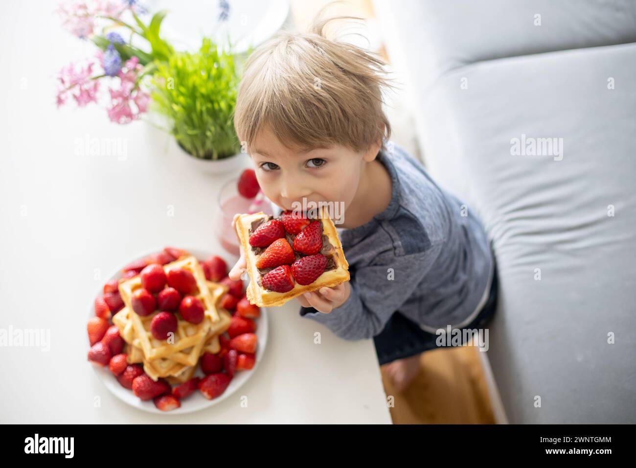 Sweet preschool child, boy, eating belgian waffle with strawberries and ...
