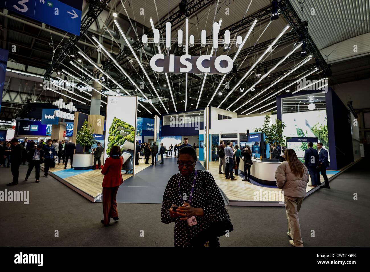Barcelona, Spain. 26th Feb, 2024. Cisco Systems stand at MWC Barcelona 2024. This year the MWC ...