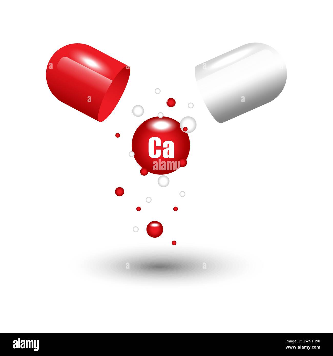 Open capsule pill with falling out molecules. Calcium, Ca vitamine ...