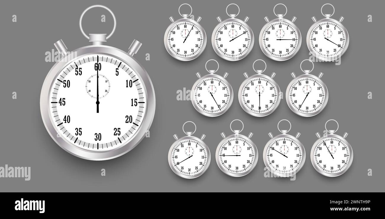 Realistic classic stopwatch. Time counter with dial. Shiny metal ...