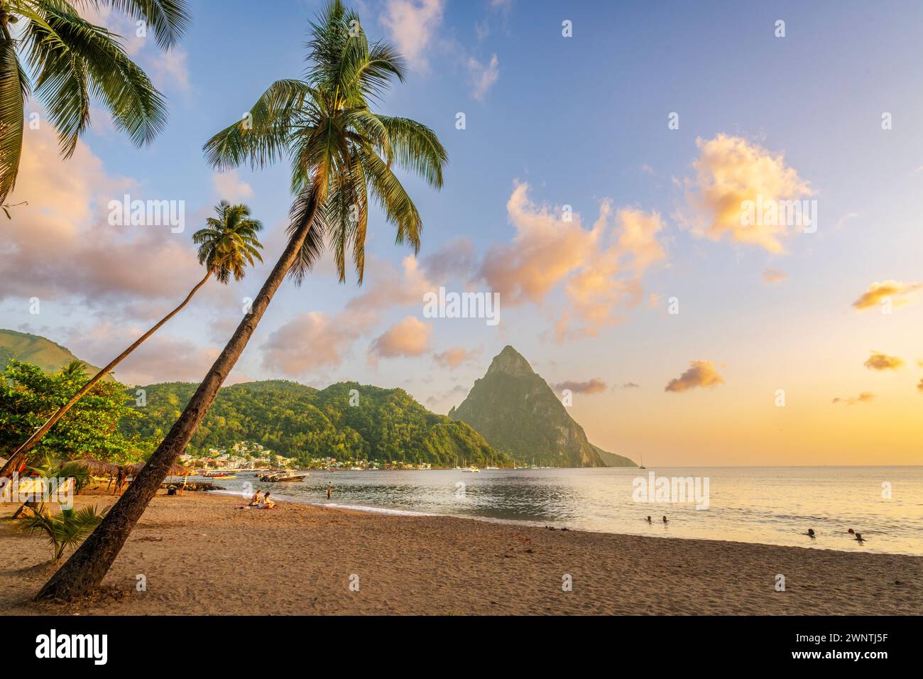 Soufriere Beach Park and bay at sunset Soufriere, Saint Lucia, West ...