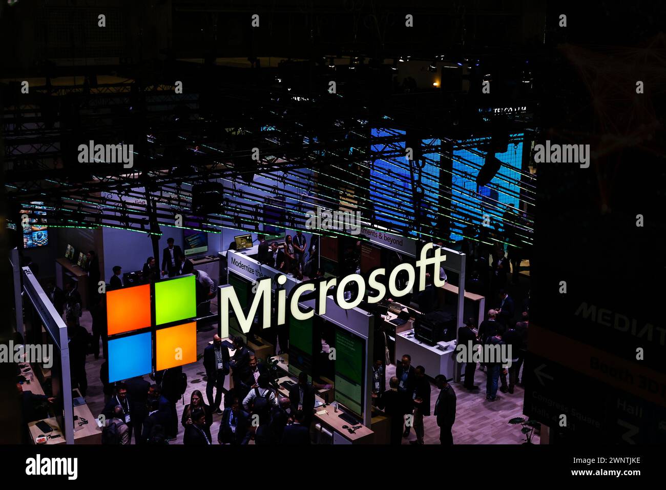 Barcelona, Spain. 26th Feb, 2024. Microsoft booth at MWC Barcelona 2024 ...