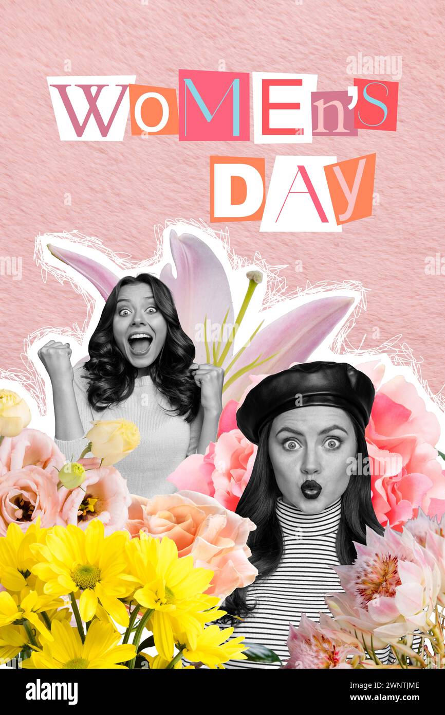 Collage picture of cheerful happy cute girls surrounded fresh blooming ...