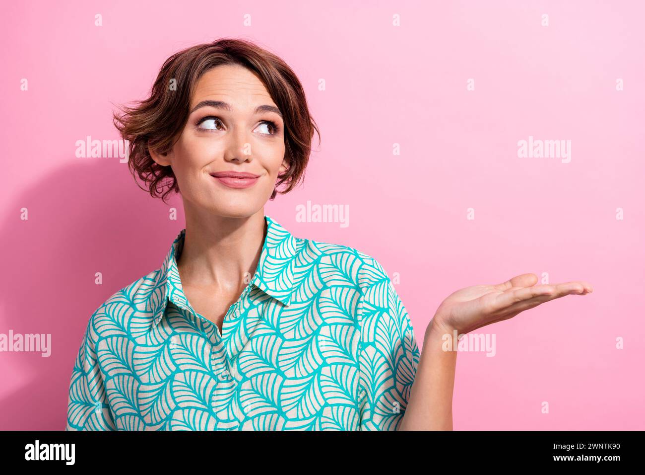 Portrait of pretty person look arm palm hold demonstrate empty space ad ...