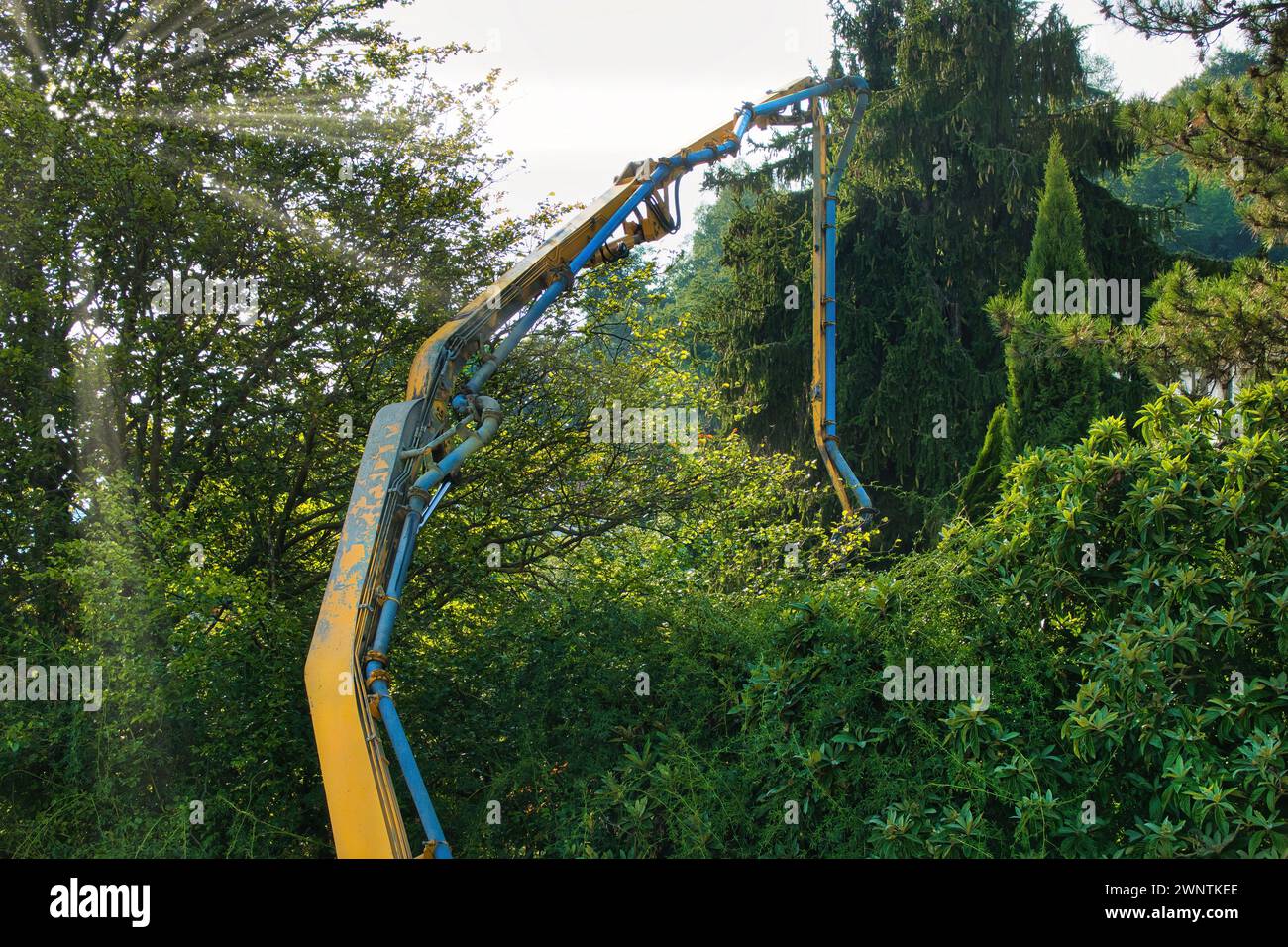 A concrete pump arm injecting the cement pour over a tall hedge Stock Photo - Alamy