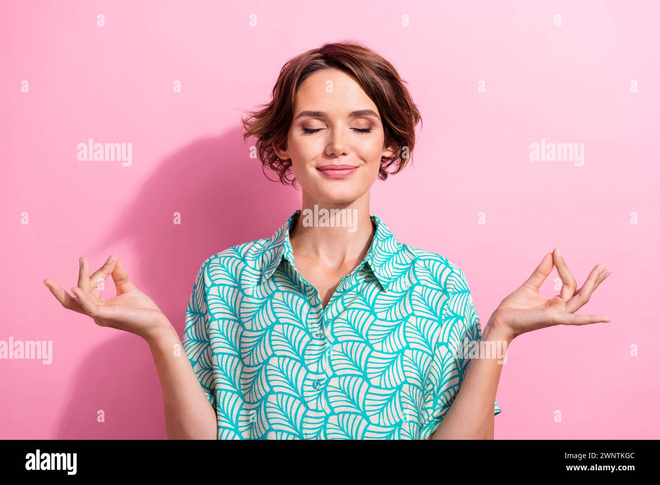 Photo of calm lovely girl closed eyes hands fingers meditate retreat ...
