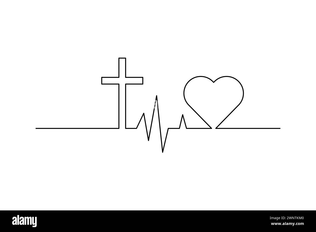 Cross mark symbol Christian faith, single line. The cross and the pulse ...