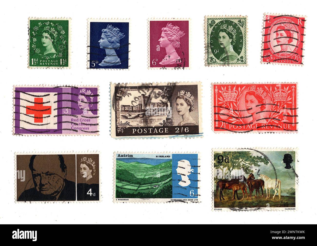 A montage of pre decimal vintage postage stamps from Great Britain ...