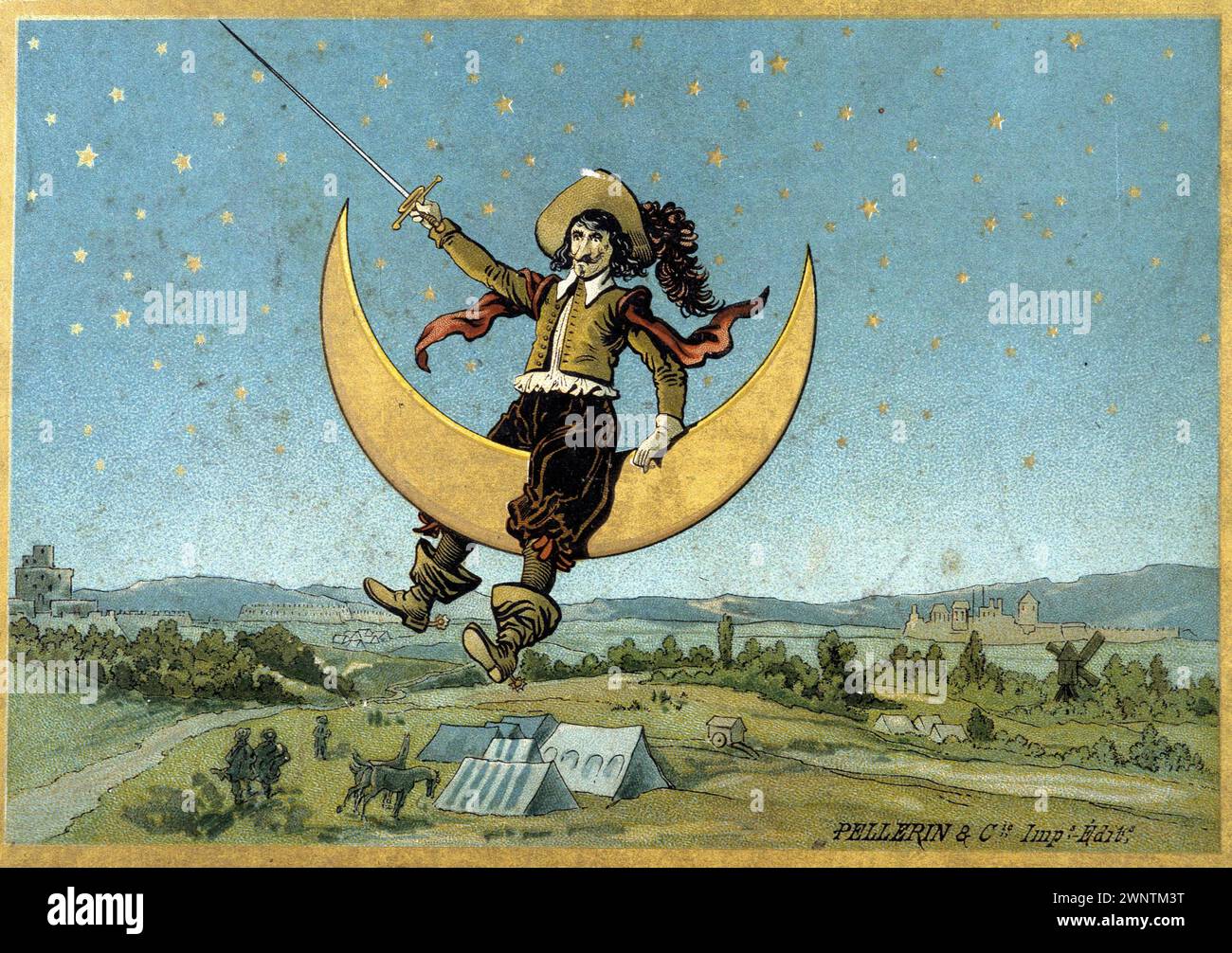 Illustration of Cyrano de Bergerac in the novel "L'autre monde", 1657 ...
