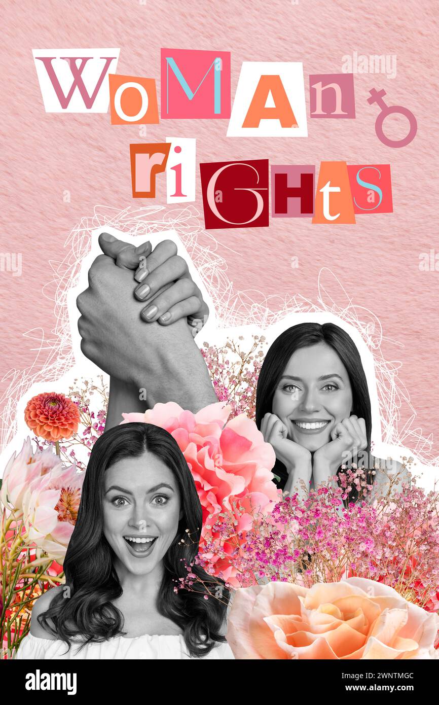 Collage image brochure of two lovely cheerful girls fighting woman ...