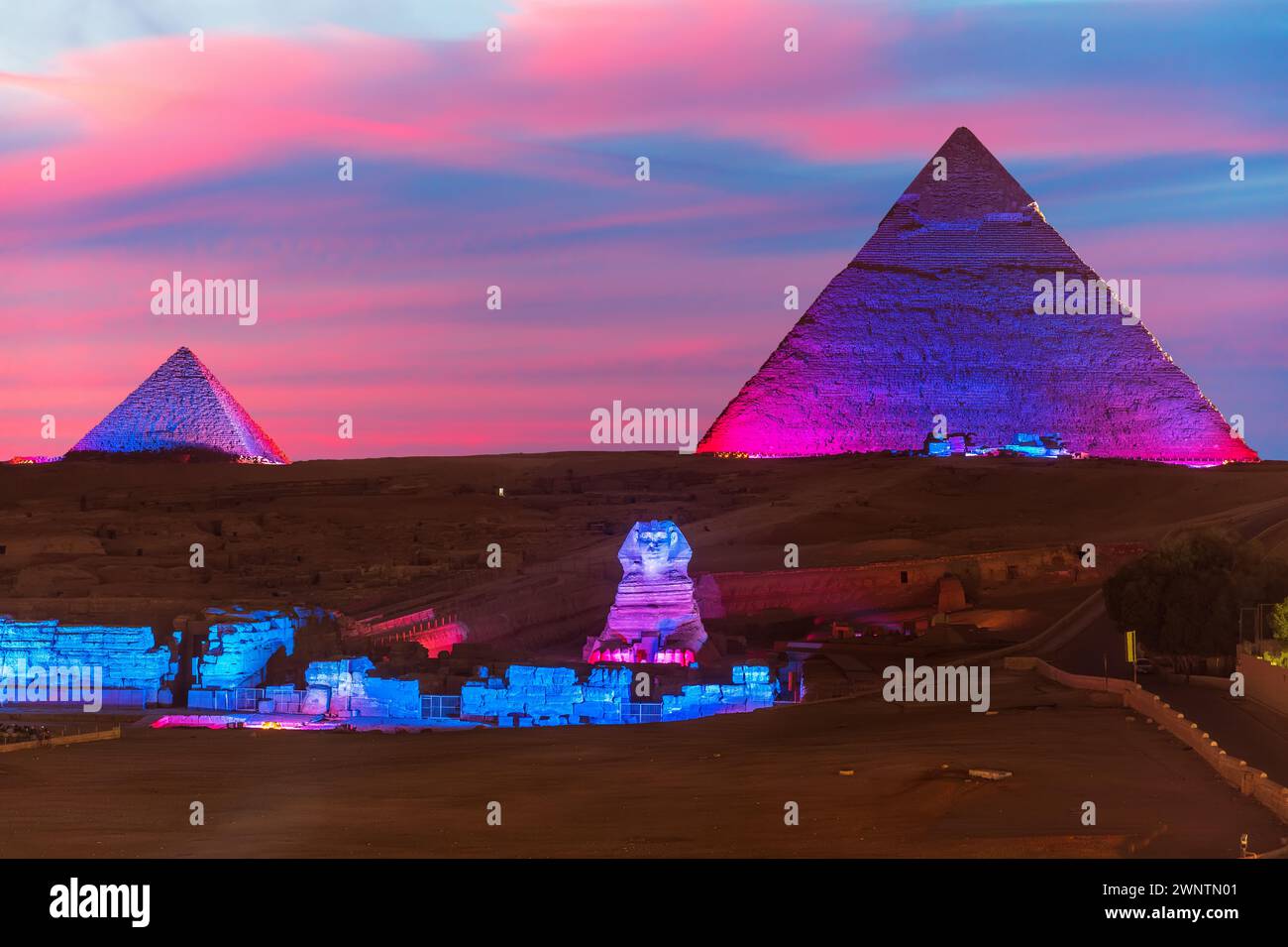 The Pyramid of Egypt and the great Sphinx night view in the lights ...