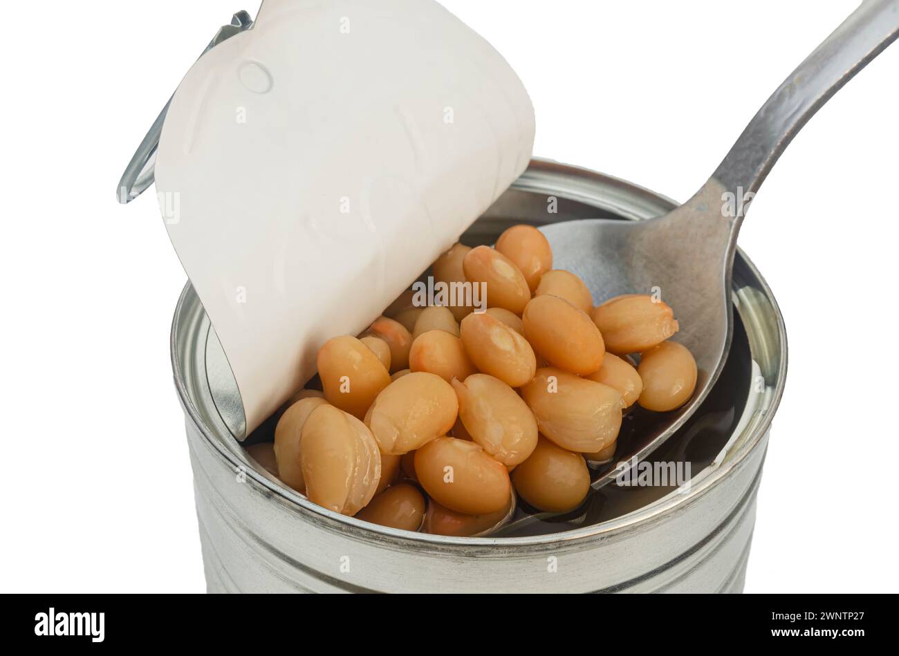 Large canned beans in a tin can on a spoon, top view Stock Photo - Alamy