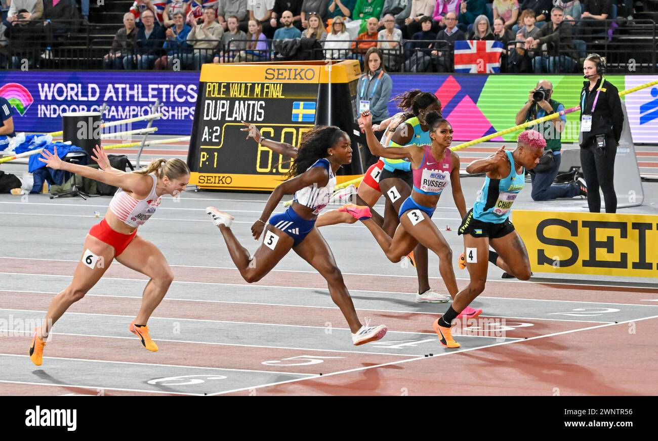 Glasgow, Scotland, UK. 03rd Mar, 2024. Womens 60m Hurdles Final. Devynne CHARLTON (BAH) wins and ...