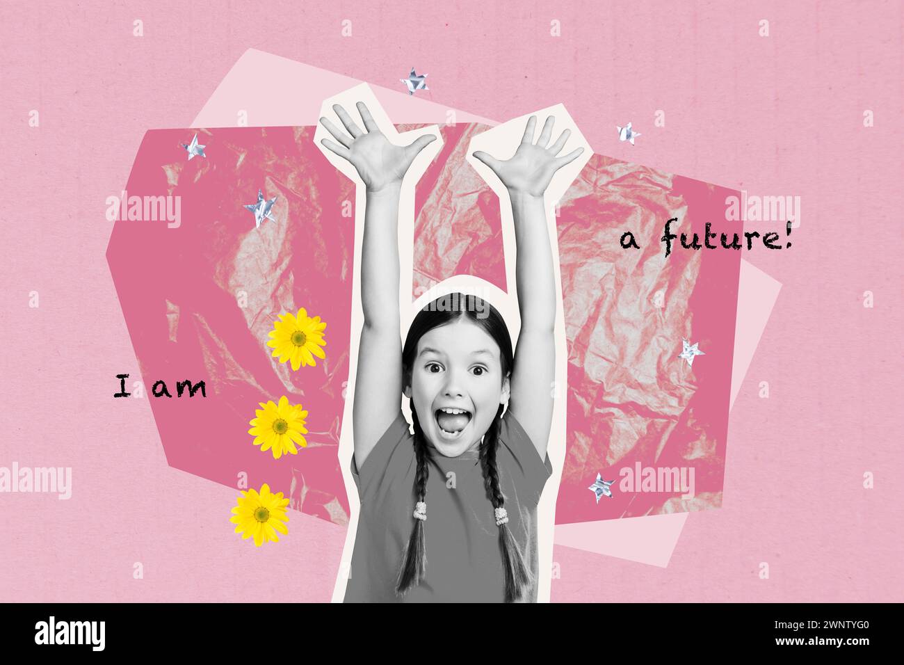 Placard magazine collage of positive cheerful girl with raise hands ...