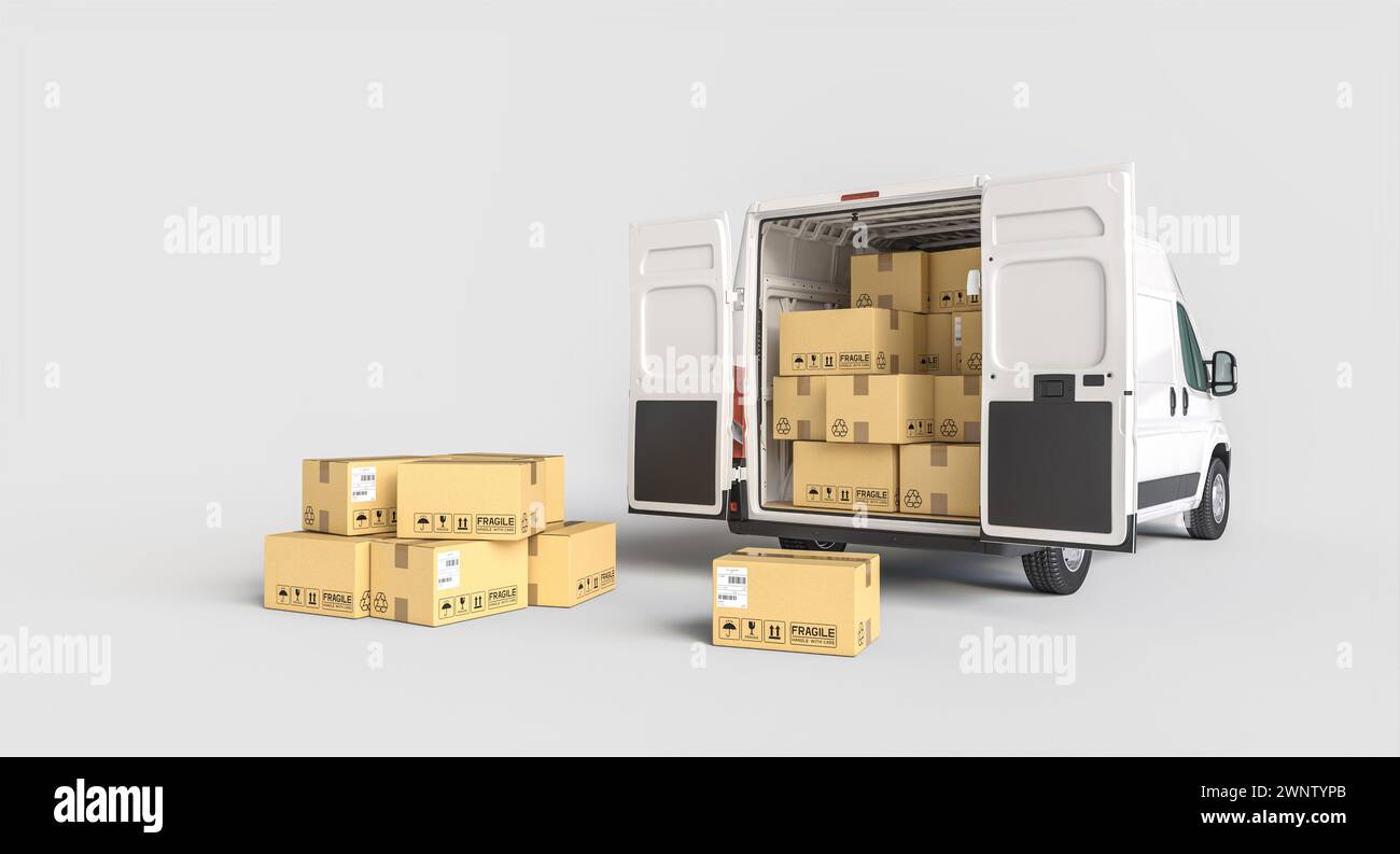Open delivery van with parcels arranged inside and few boxes placed ...