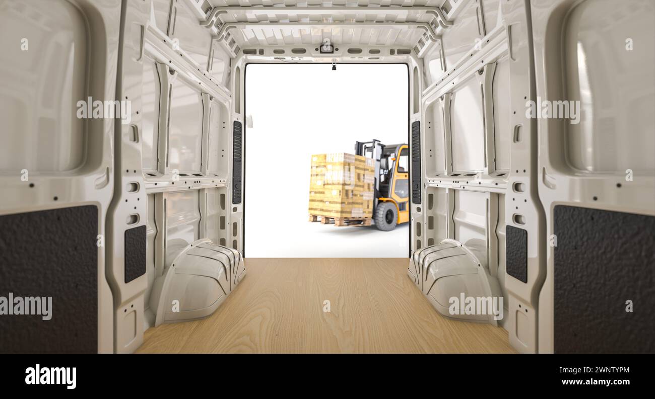 View from inside an empty cargo van with an open door, 3d render Stock ...