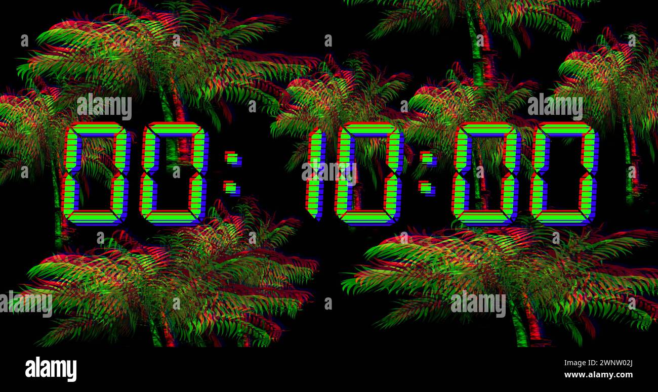 Image of blue digital clock timer changing over palm trees on black ...