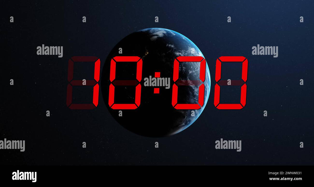 Image of red digital timer changing with globe on black background ...