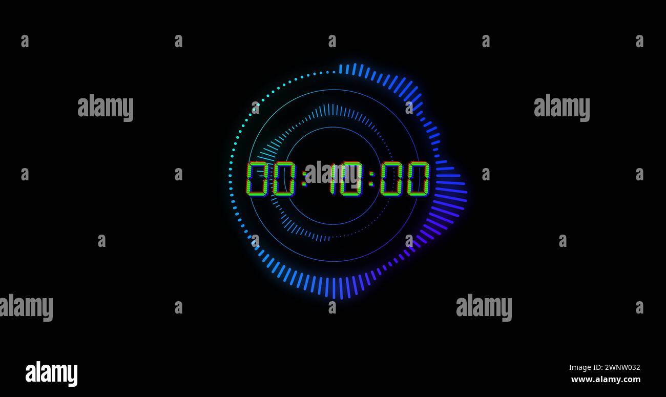 Image of green digital timer changing with blue circles on black ...