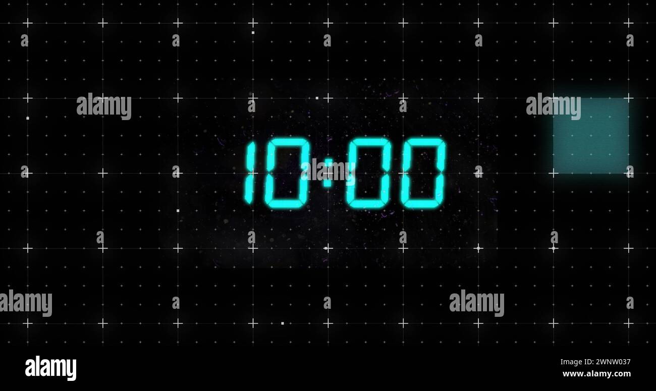 Image of blue digital clock timer changing over grid on black ...