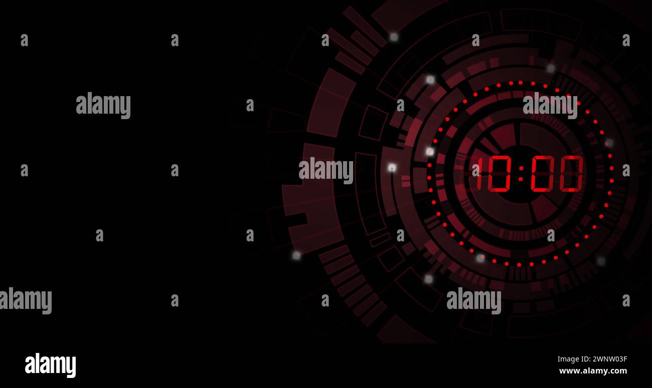 Image of red digital timer changing on red circles over black ...