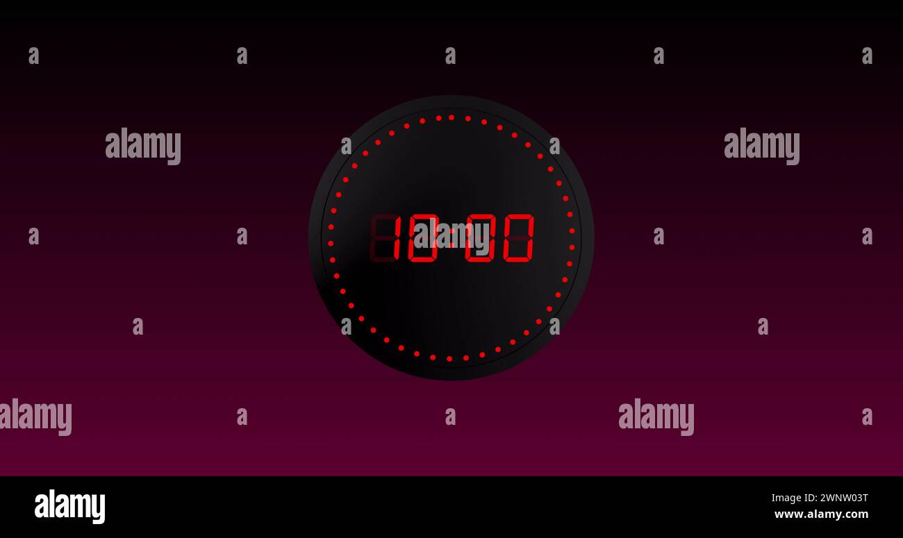 Image of red digital timer changing with dots and circles on purple ...