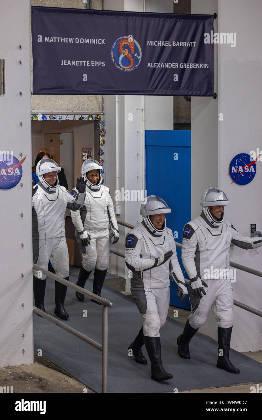 USA. 03rd Mar, 2024. At 7:33 PM NASA SpaceX Crew 8 walkout from the Neil Armstrong O&C building ...